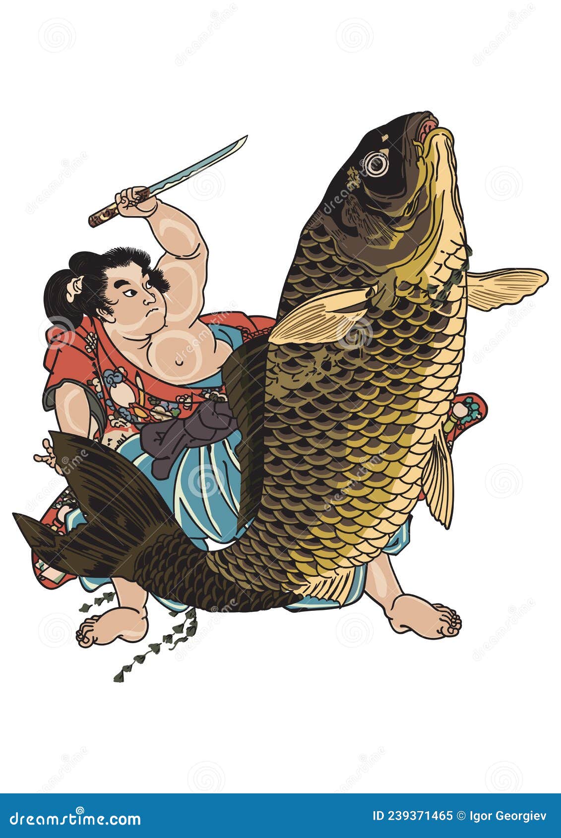 Japanese Warrior Fight with Koi Fish Tattoo. Set of Labels and Elements ...