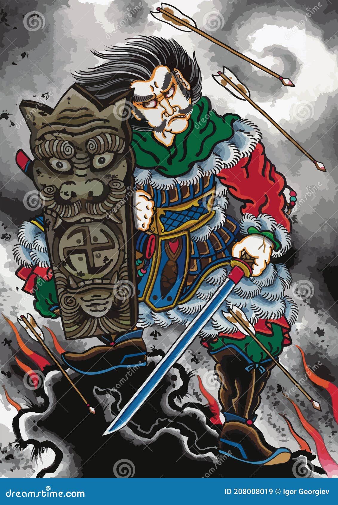 Japanese Warrior Tattoo Poster. Set of Labels and Elements. Vector Set ...