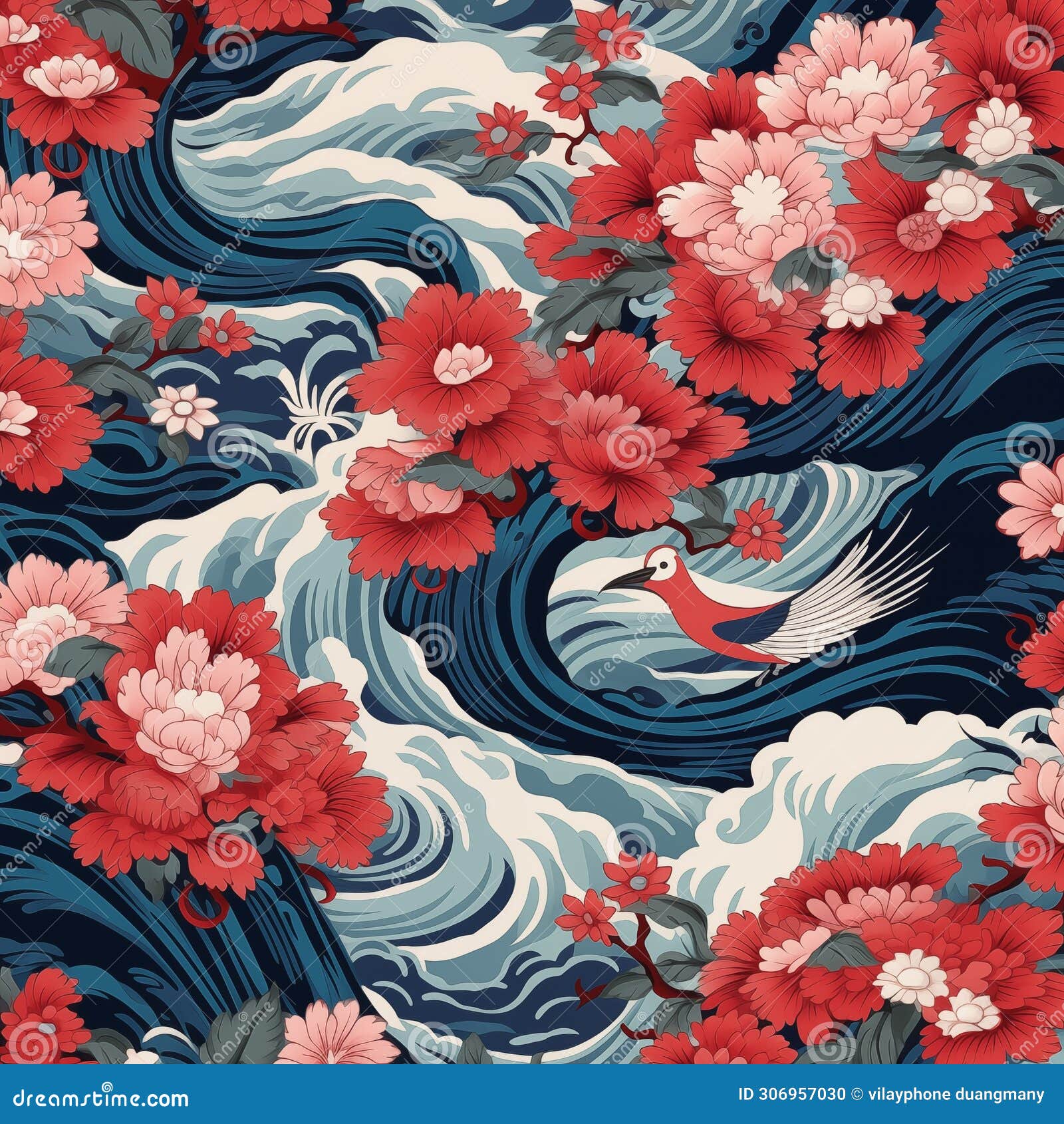 Japanese Wave with Red and Pink Flowers Generative AI Stock ...