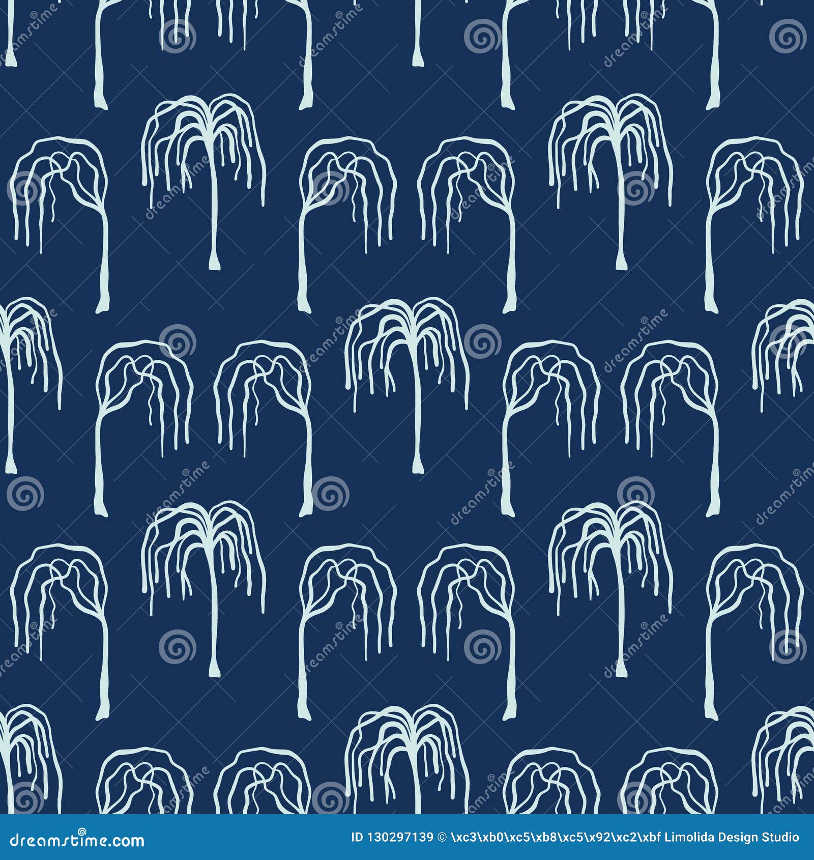 Japanese Weeping Willow Tree Seamless Vector Pattern. Hand Drawn Indigo ...