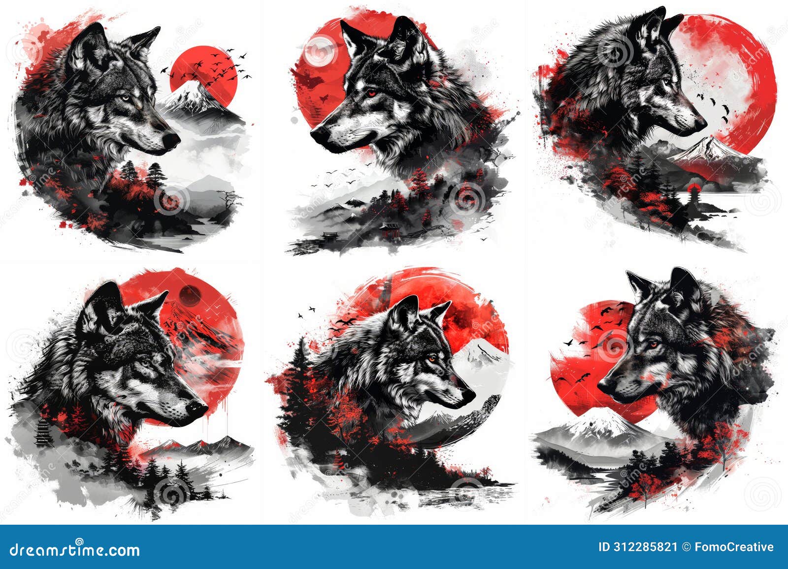 Japanese Wilderness. Pack of Wolves Gather Under Red Moonlight Stock ...