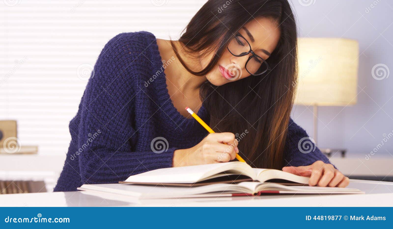 Japanese Woman Reading Books and Taking Notes Stock Image - Image of ...