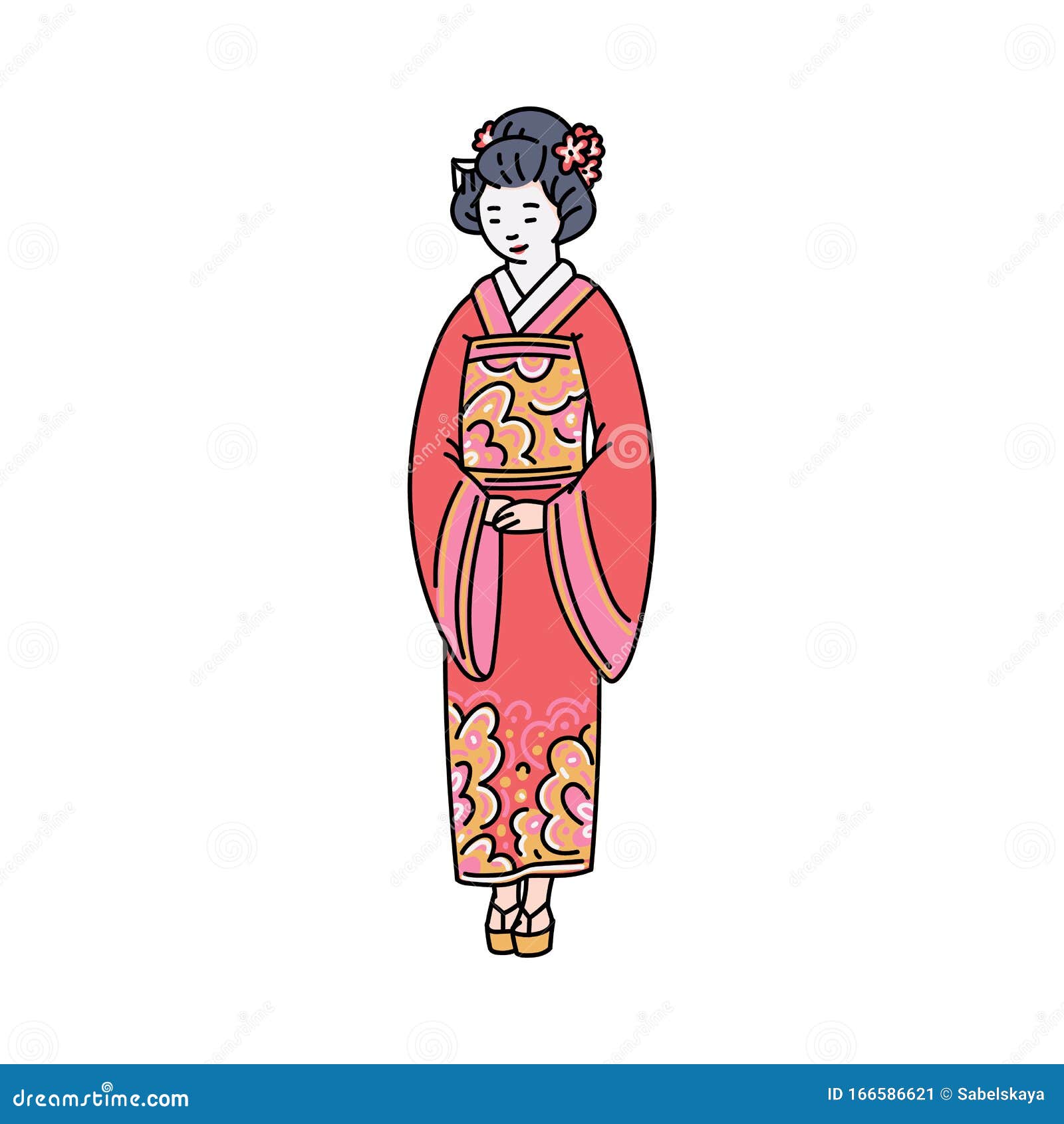 Japanese Woman In Traditional Kimono Sketch Vector Illustration