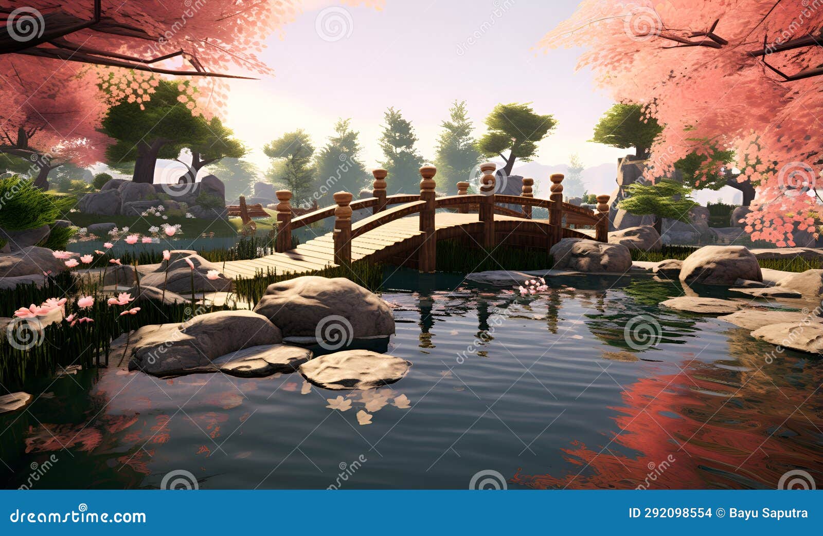 Japanese Zen Garden Bridge with Cherry Trees, Ai Generative Stock ...