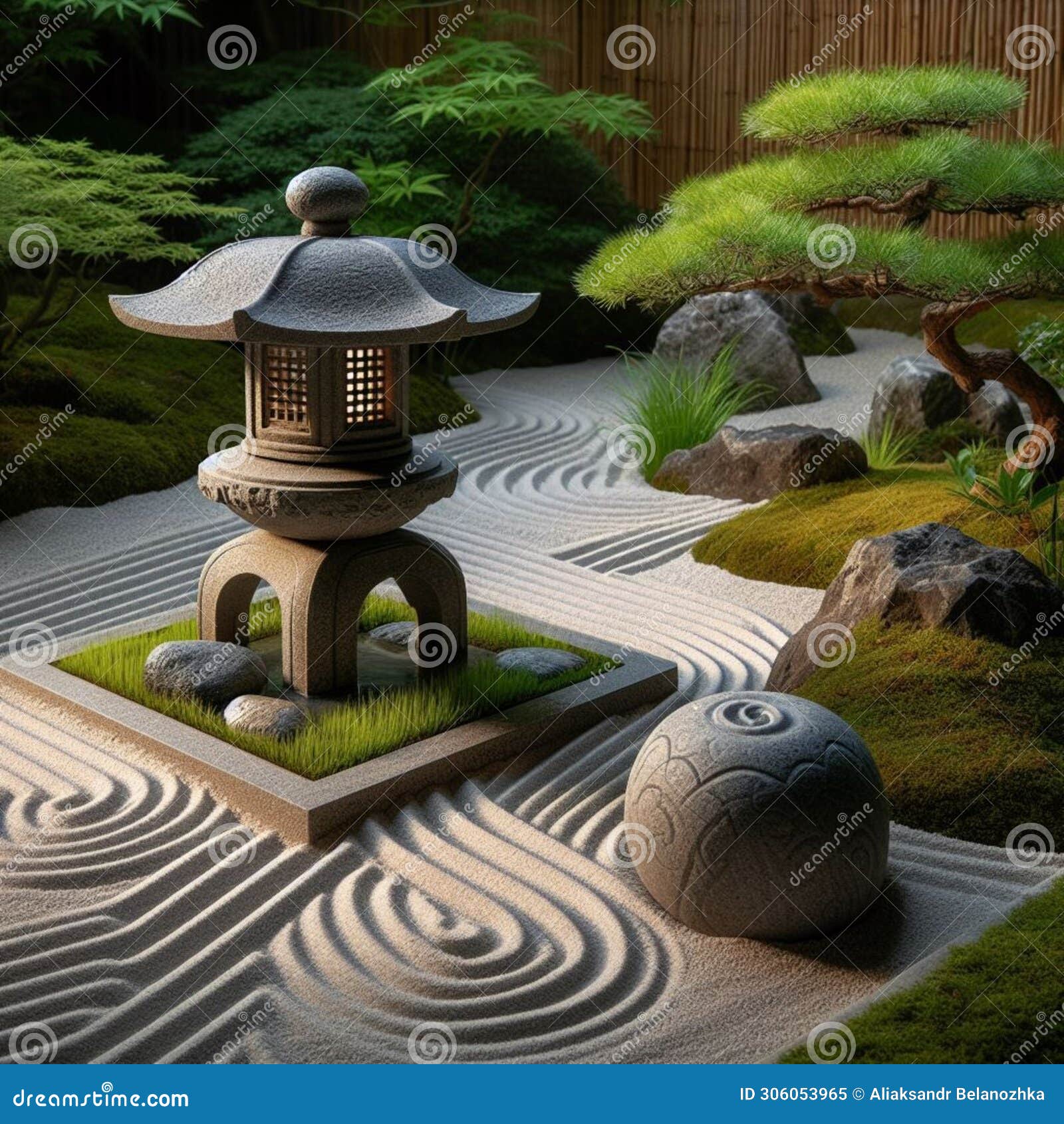Japanese Zen Garden with Stone Lanterns - 3D Render. Stock Illustration ...