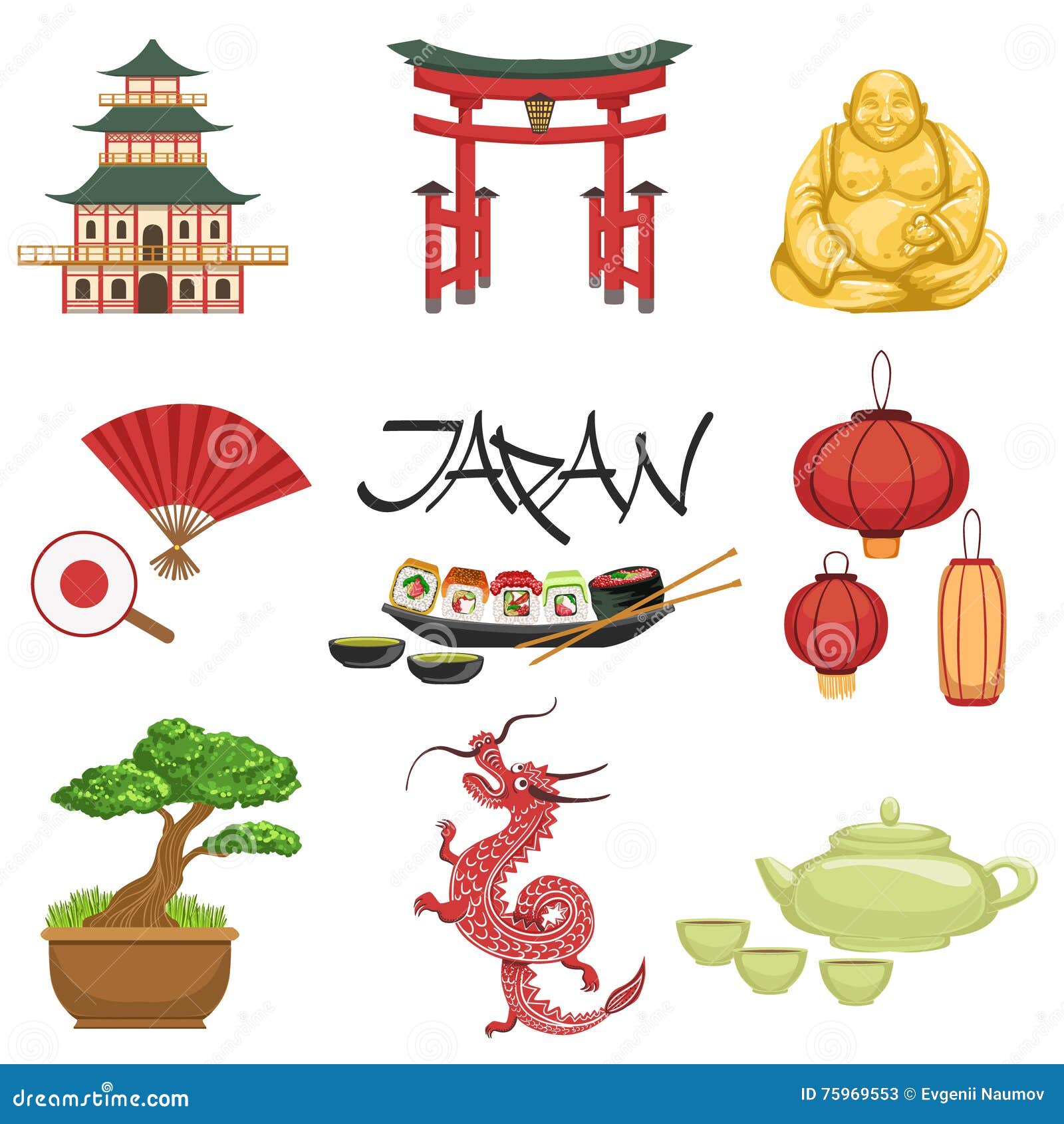 Japanischer Kultur-Symbol-Satz Vektor Abbildung - Illustration von ...