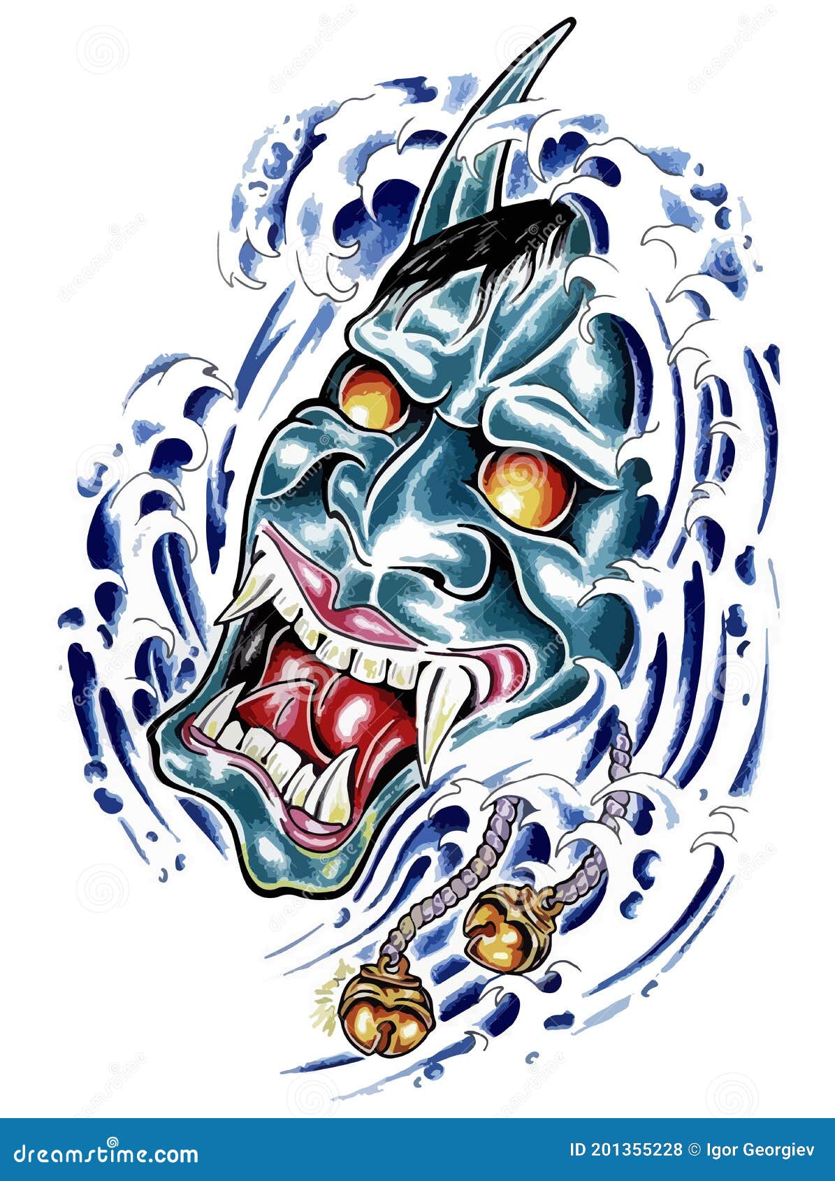 Japanese Oni Demon Head Tattoo. Set of Labels and Elements. Vector Set ...