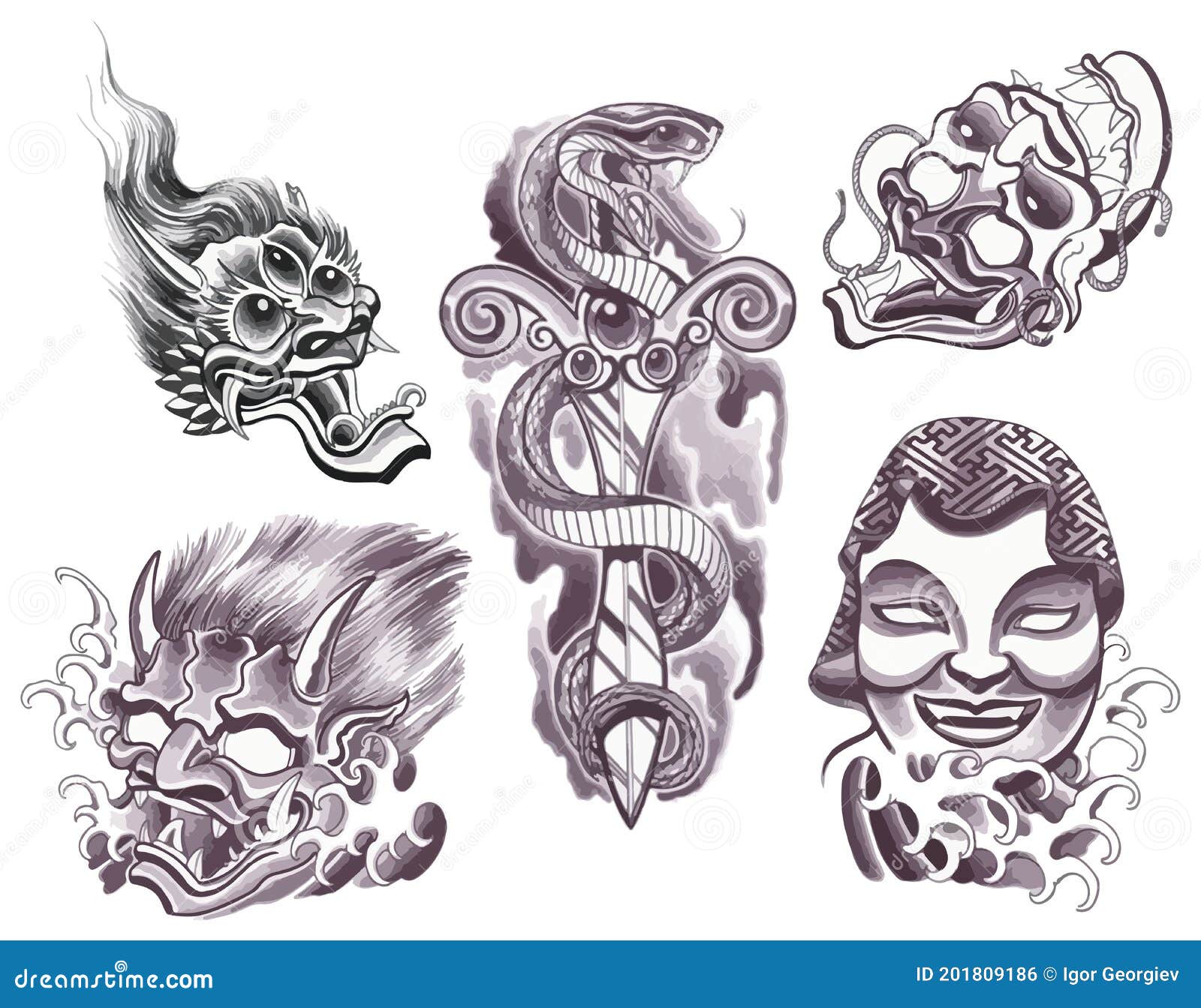 Demon Tattoo Set. Skull Tattoo Set. Set Of Labels And Elements. Vector ...