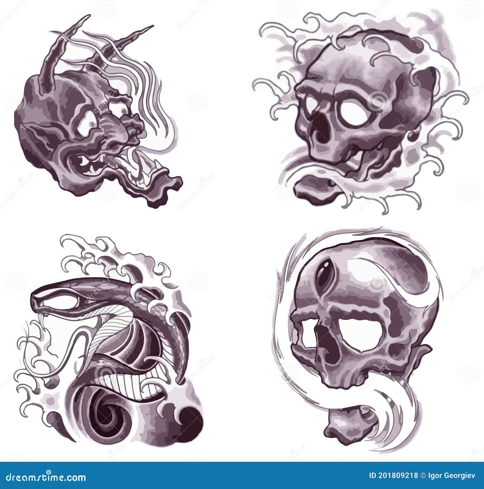 Demon Tattoo Set. Skull Tattoo Set. Set of Labels and Elements. Vector ...