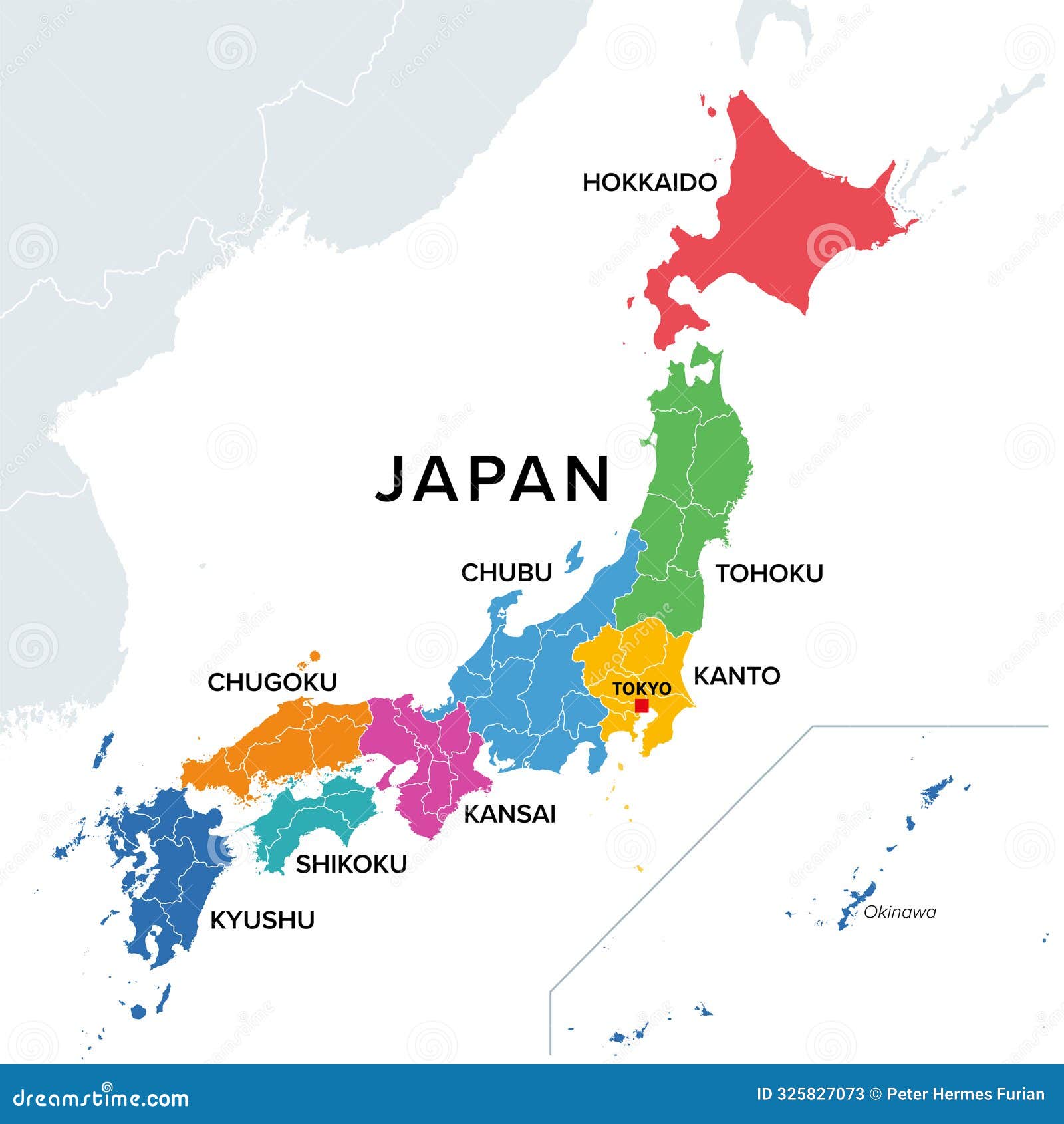 Regions of Japan, Eight Traditional Units, Multi Colored Political Map ...