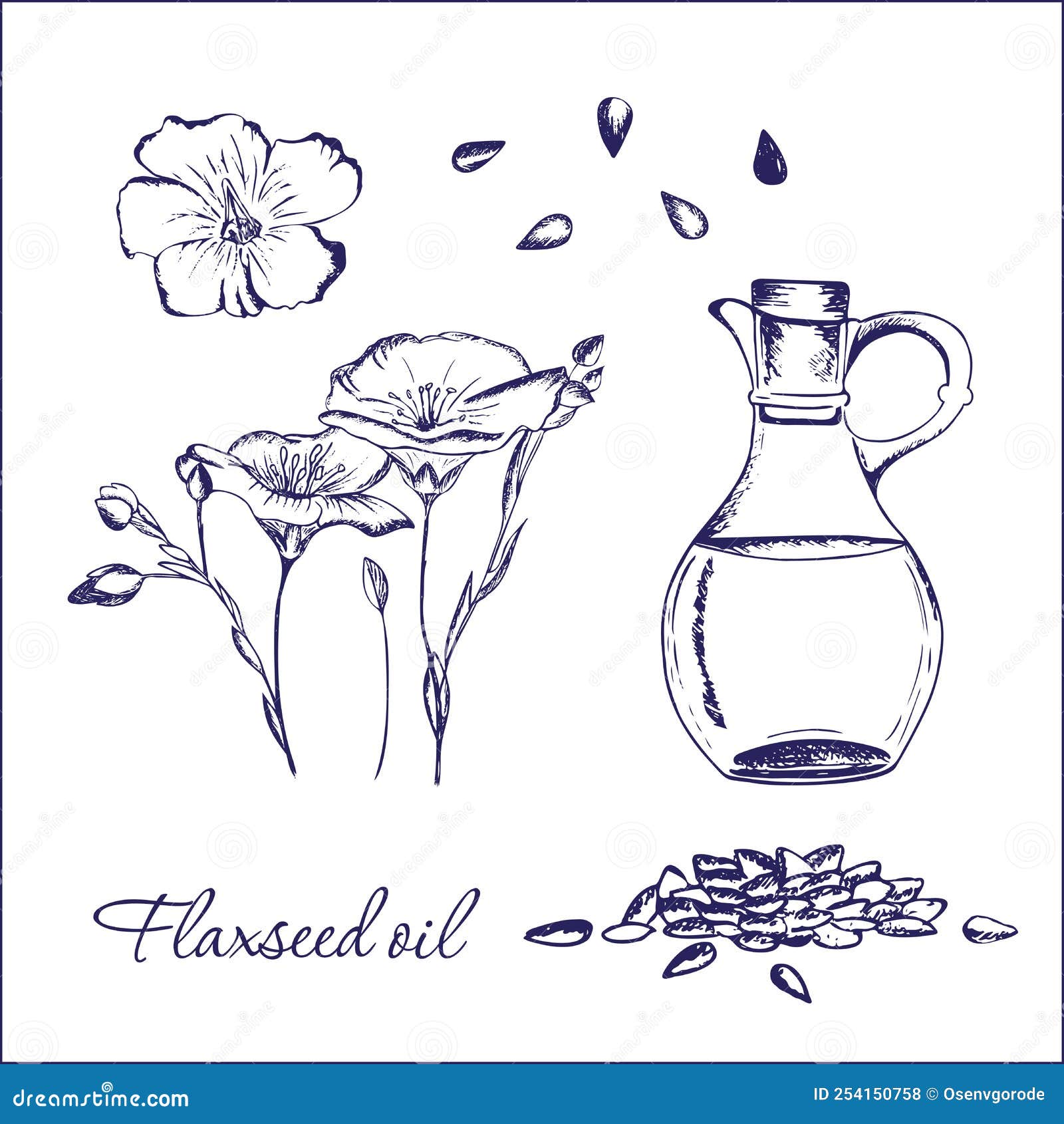 Set of Flax-flower. a Jar with Flaxseed Oil, Flax Flower and Flax Seeds ...
