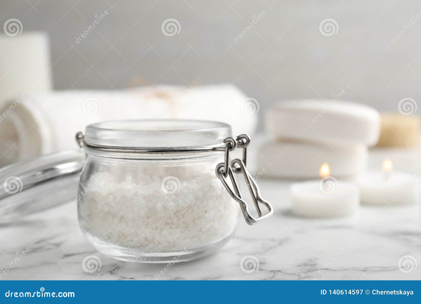 Jar of Aromatic Salt on Marble Table. Stock Image - Image of ...