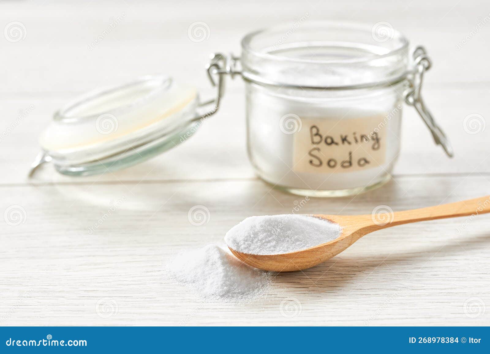 Jar of Baking Soda on a Light Wooden Table. Environmentally Friendly ...