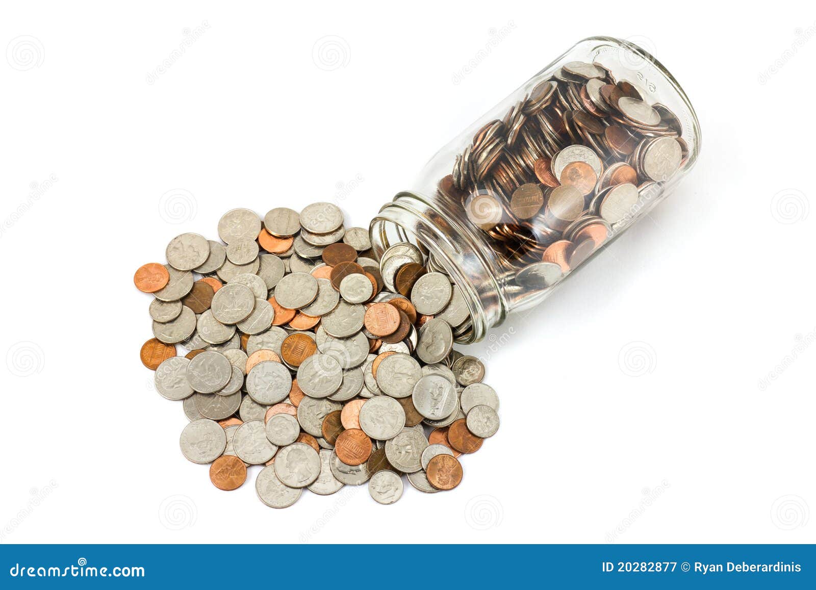 Jar of Change Spilled on White Background Stock Image - Image of ...