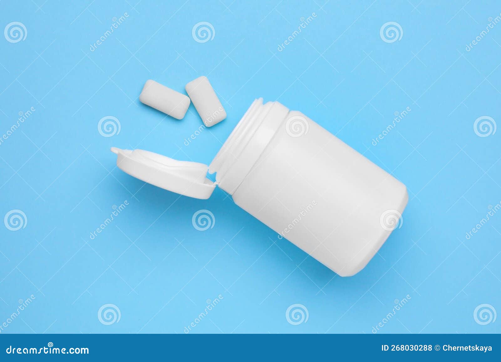 Jar with Chewing Gums on Light Blue Background, Flat Lay Stock Photo ...