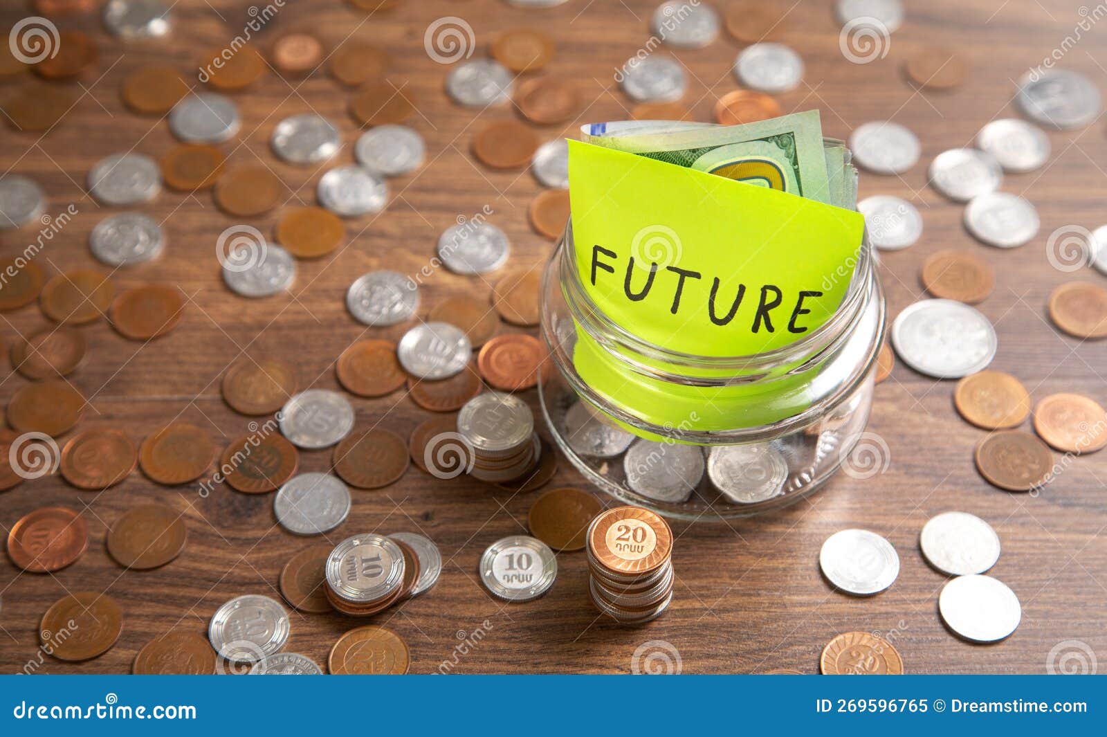 Jar of Coins and Word Future. Concept of Saving Money for Future Stock ...