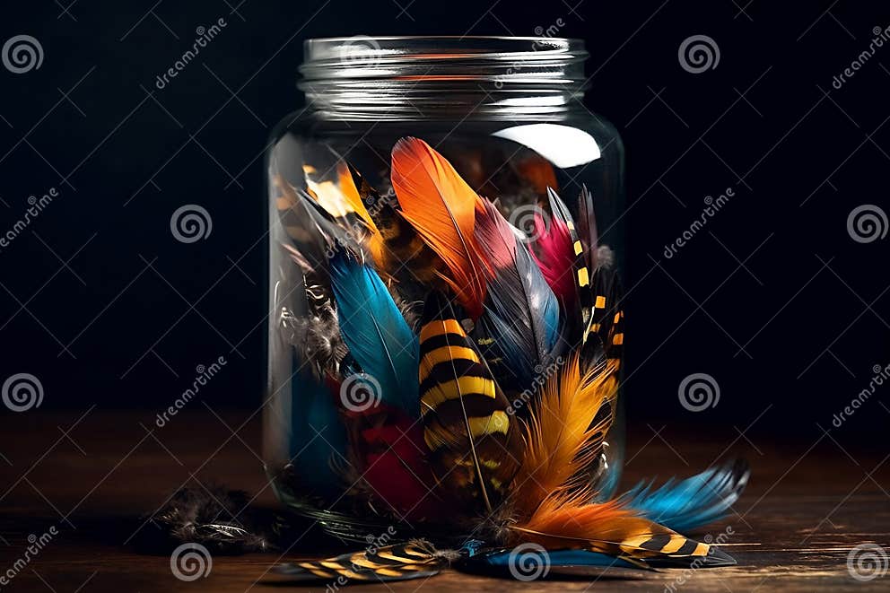 A Jar Filled with an Array of Brightly Colored Feathers Stock Illustration - Illustration of ...
