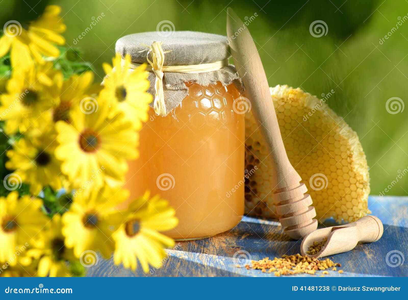 Jar Full of Delicious Honey, Honeycomb and Bee Pollen Stock Photo ...