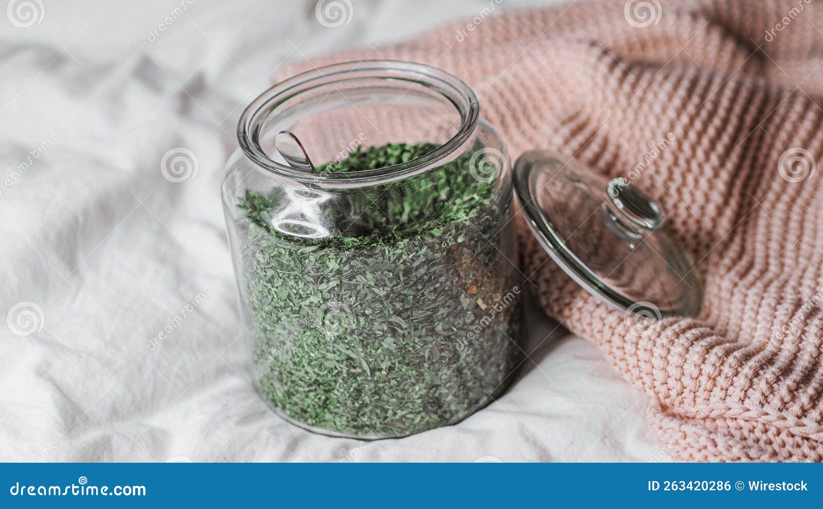 Jar of the Green Tea on the Soft White Bed Stock Photo - Image of white ...