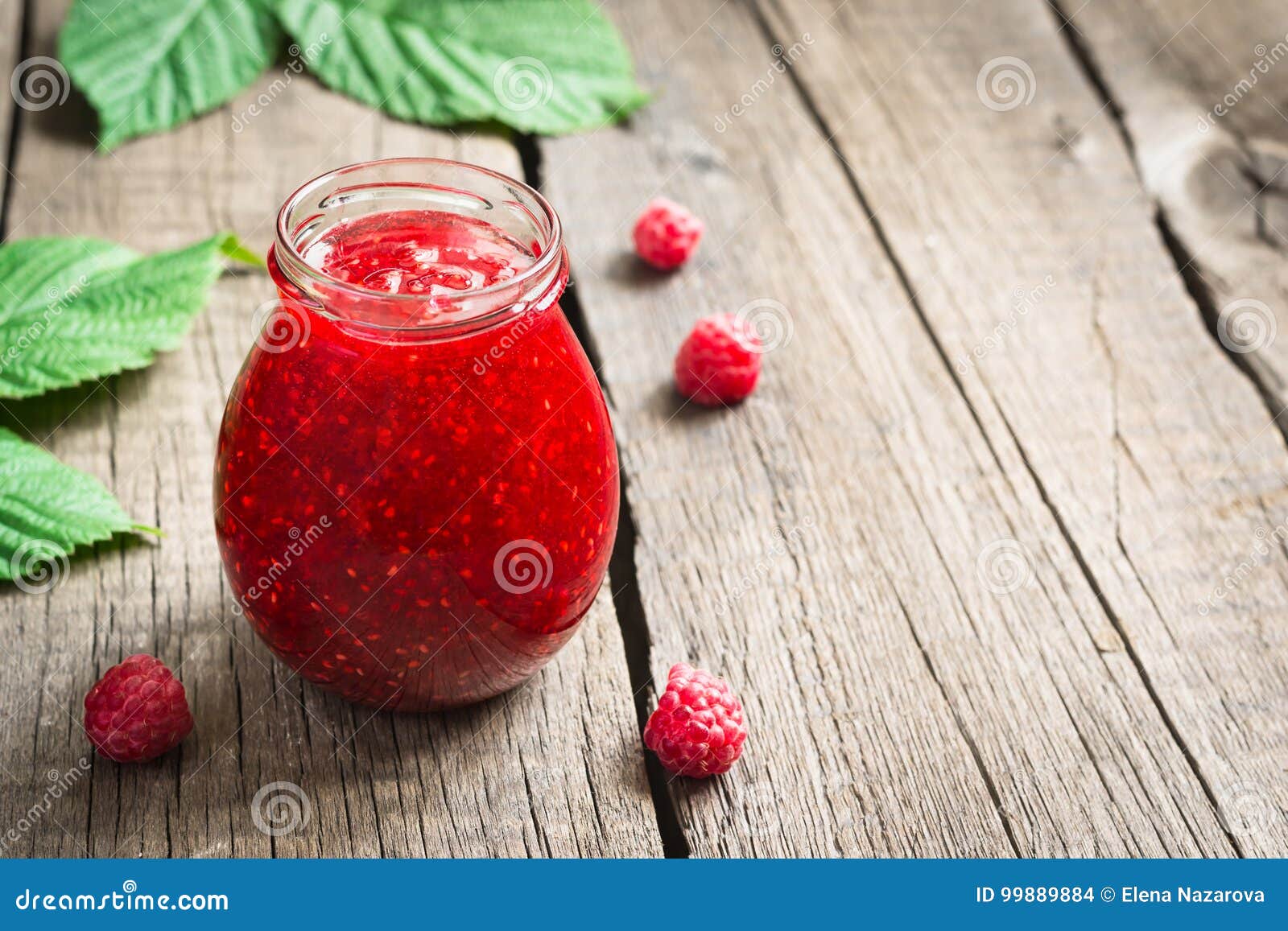 Jar with Homemade Raspberry Jam. Ripe Berries and Leaves, Copy Space ...