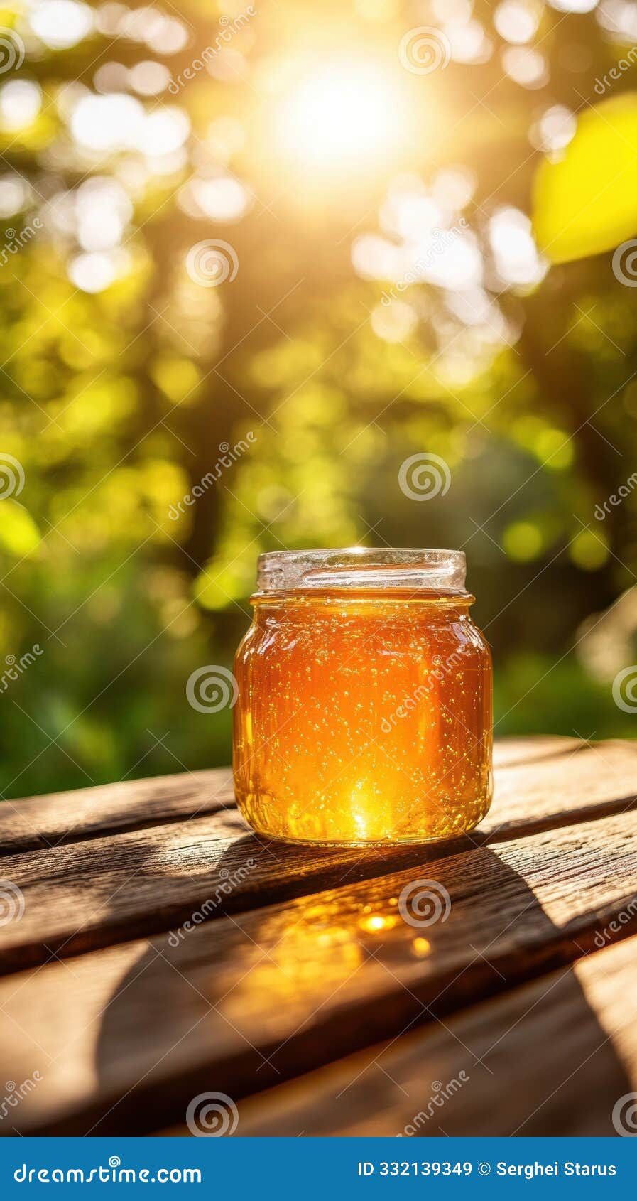 A Jar of Honey Sitting on a Wooden Table Outside, AI Stock Image ...