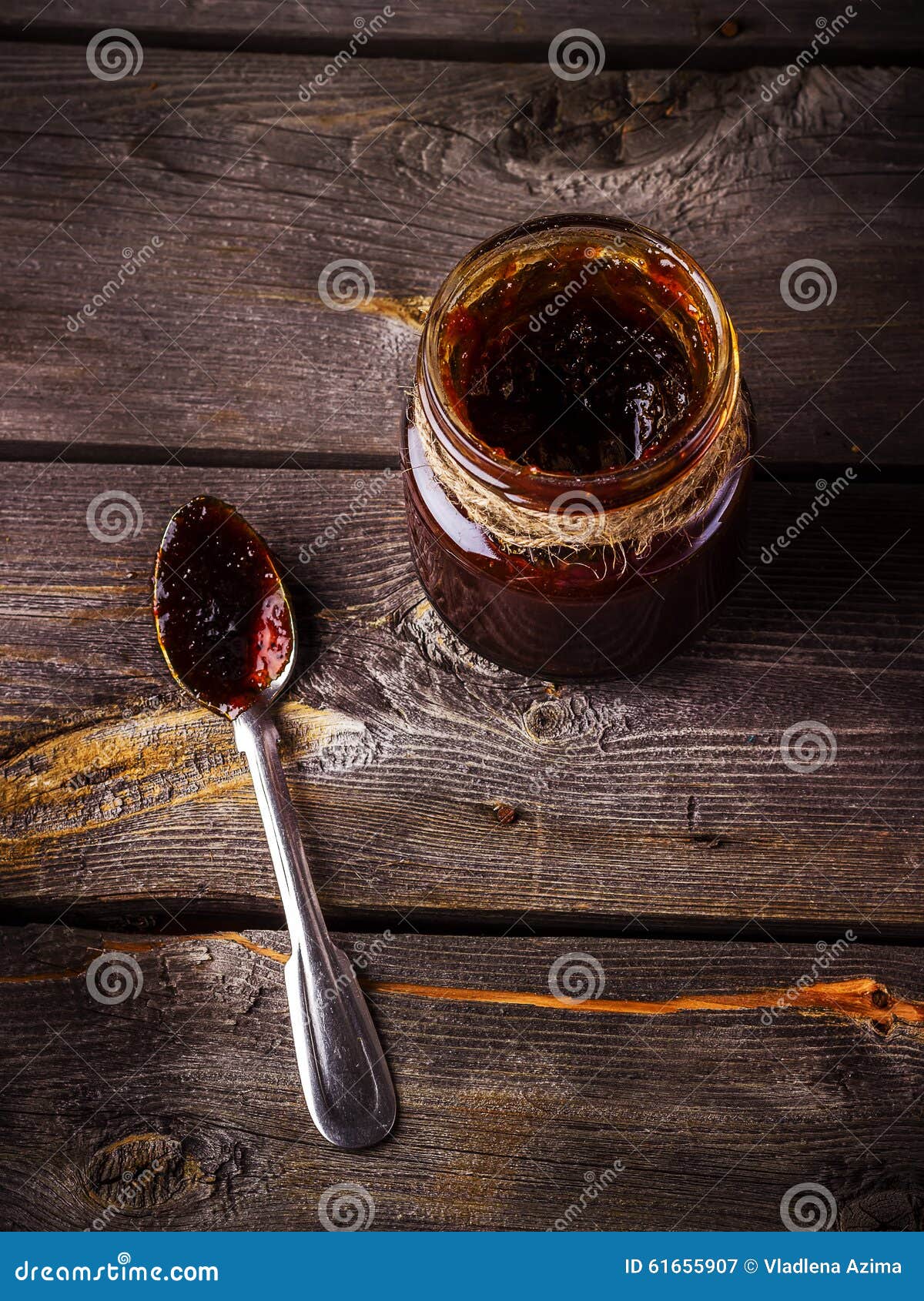 Jar with Jam and Spoon on Wooden Table. Stock Image - Image of jelly ...