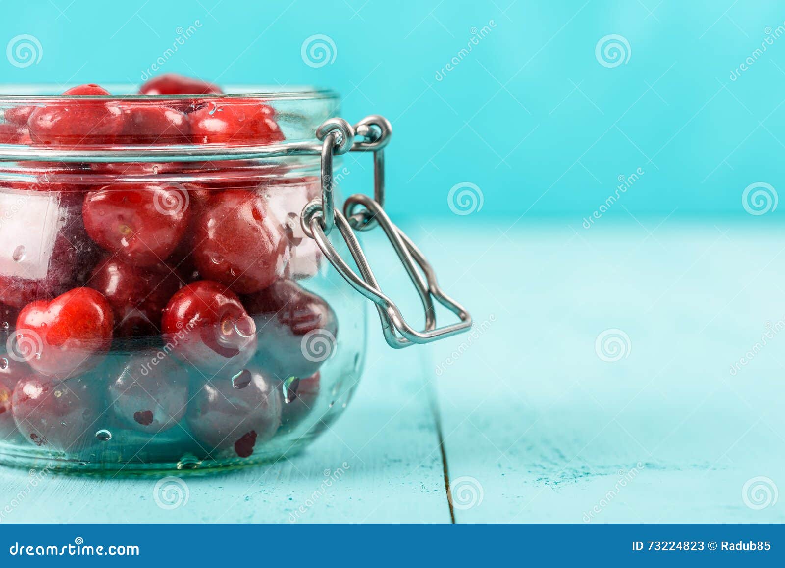 Jar of Red Fresh Cherries on Turquoise Stock Image - Image of healthy ...