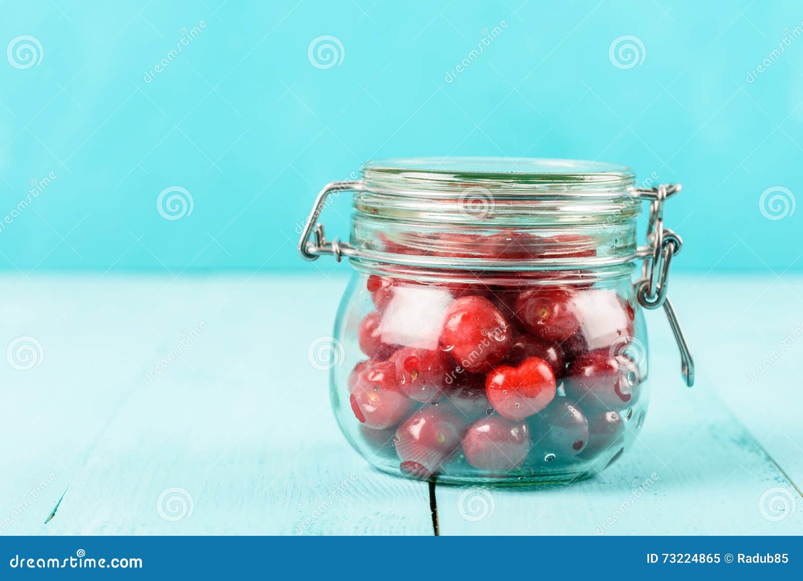 Jar of Red Fresh Cherries on Turquoise Stock Image - Image of preserve ...