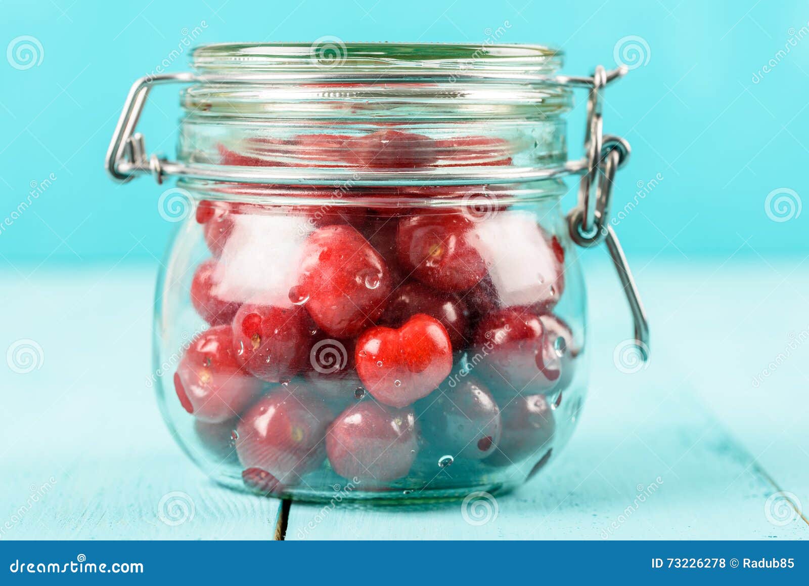 Jar of Red Fresh Cherries on Turquoise Stock Photo - Image of summer ...