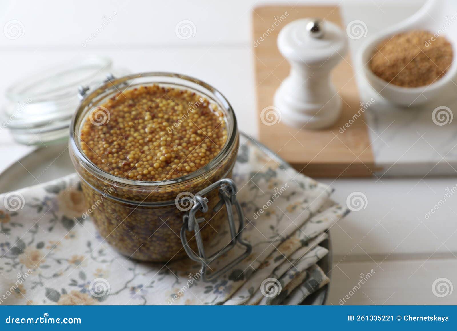 Jar of Whole Grain Mustard on White Wooden Table. Space for Text Stock ...