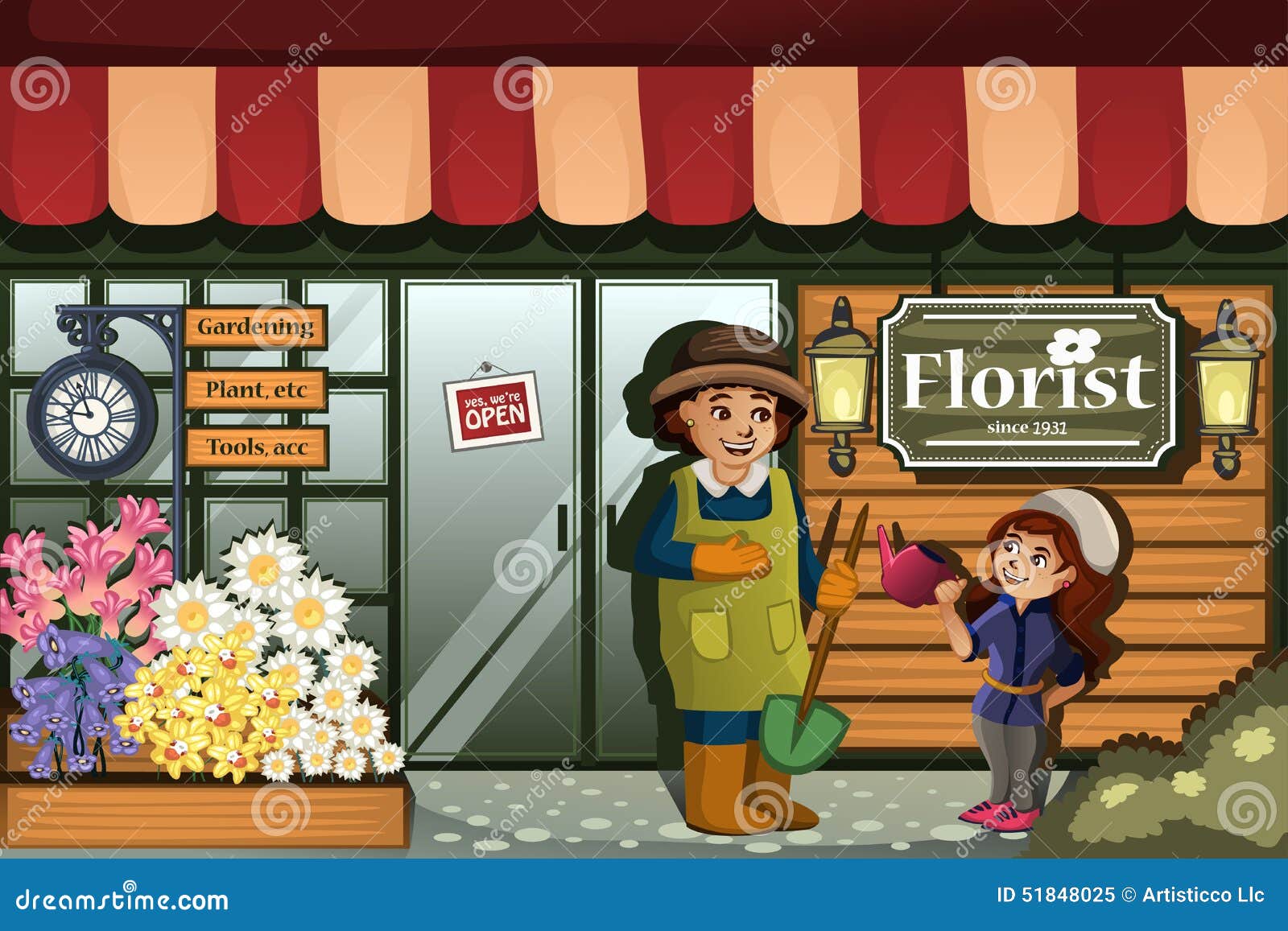 Jardinier Dans Un Fleuriste Avec L'enfant Illustration de Vecteur ...