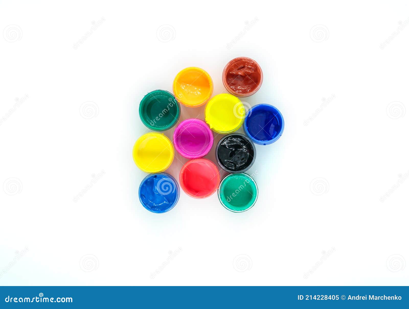 Jars of Colorful Paint with Open Lids, Top View Close Up, Isolated ...