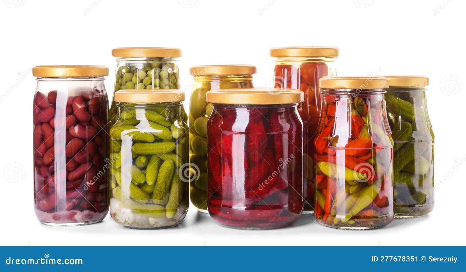 Jars with Different Canned Vegetables and Legumes on White Background ...