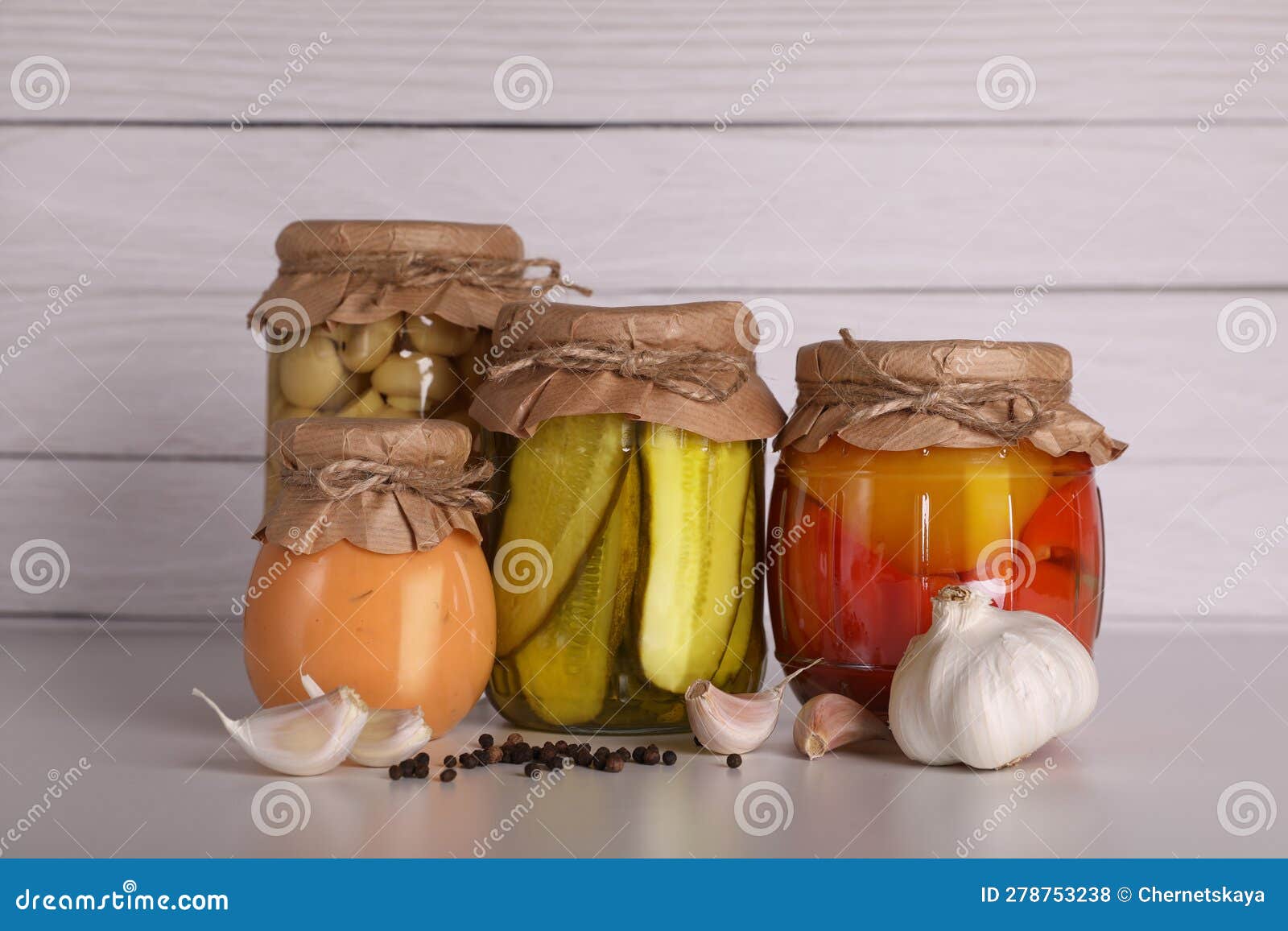 Jars with Different Preserved Vegetables and Fresh Spices for Canning ...
