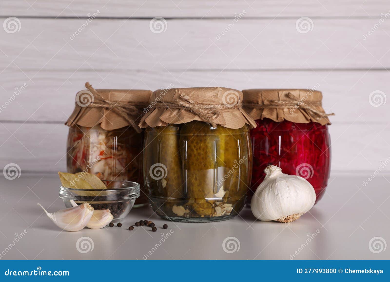 Jars with Different Preserved Vegetables and Fresh Spices for Canning ...