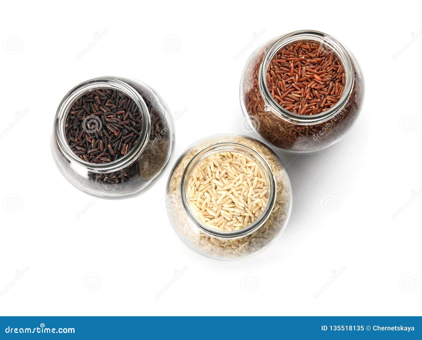 Jars with Different Types of Rice on White Background Stock Image ...