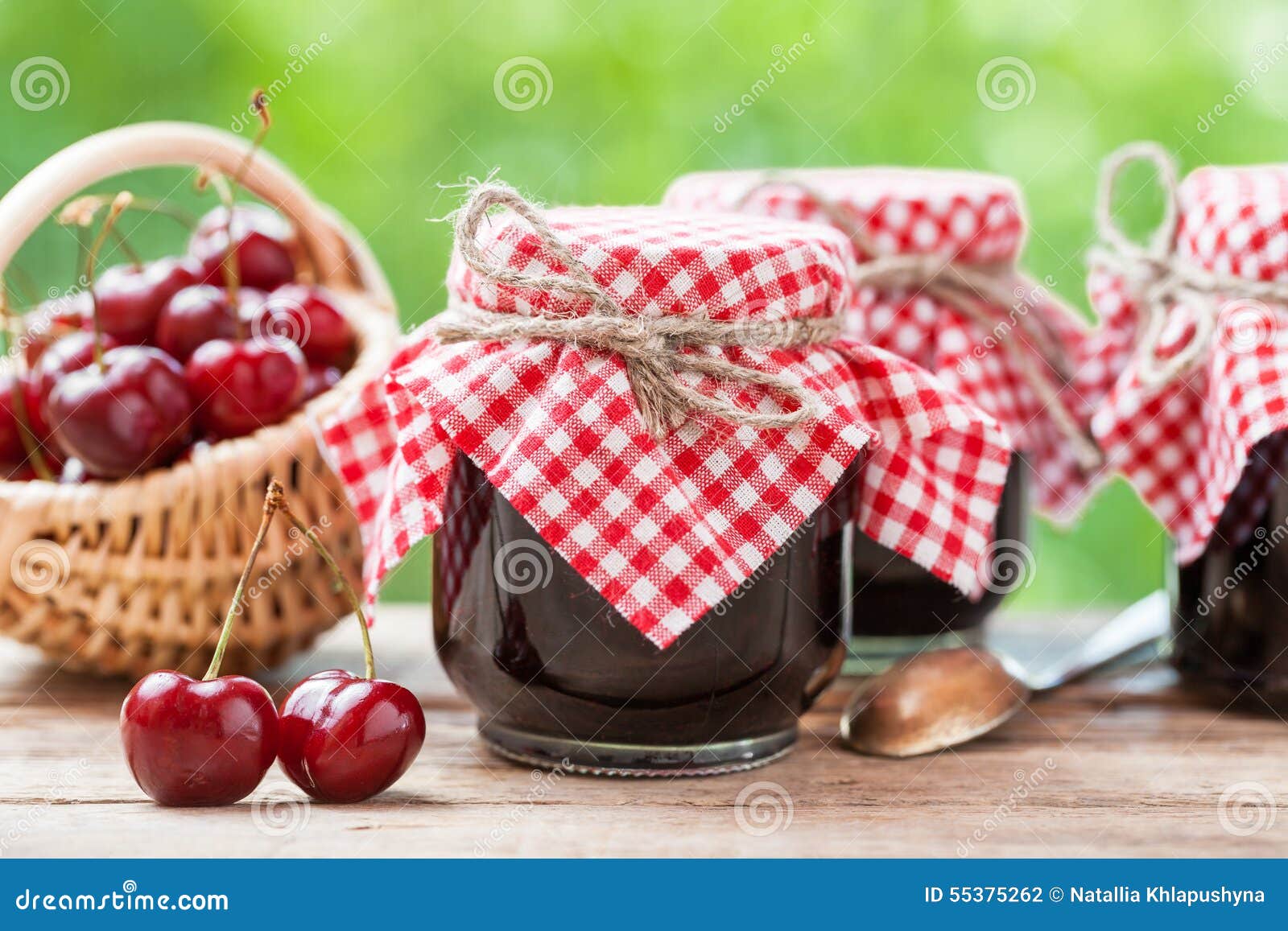 Jars of Jam and Basket with Cherry. Stock Photo - Image of fruit, bunch ...
