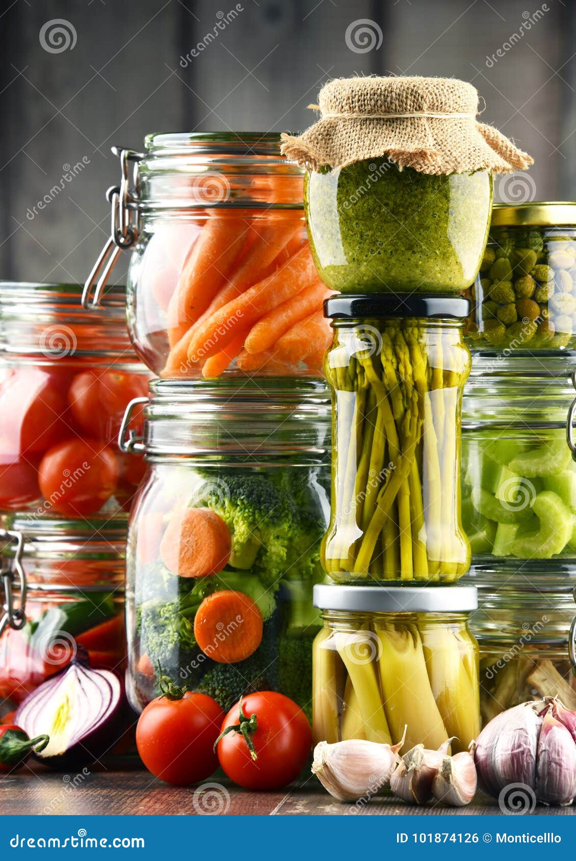 Jars with Marinated Food and Organic Raw Vegetables Stock Photo - Image ...