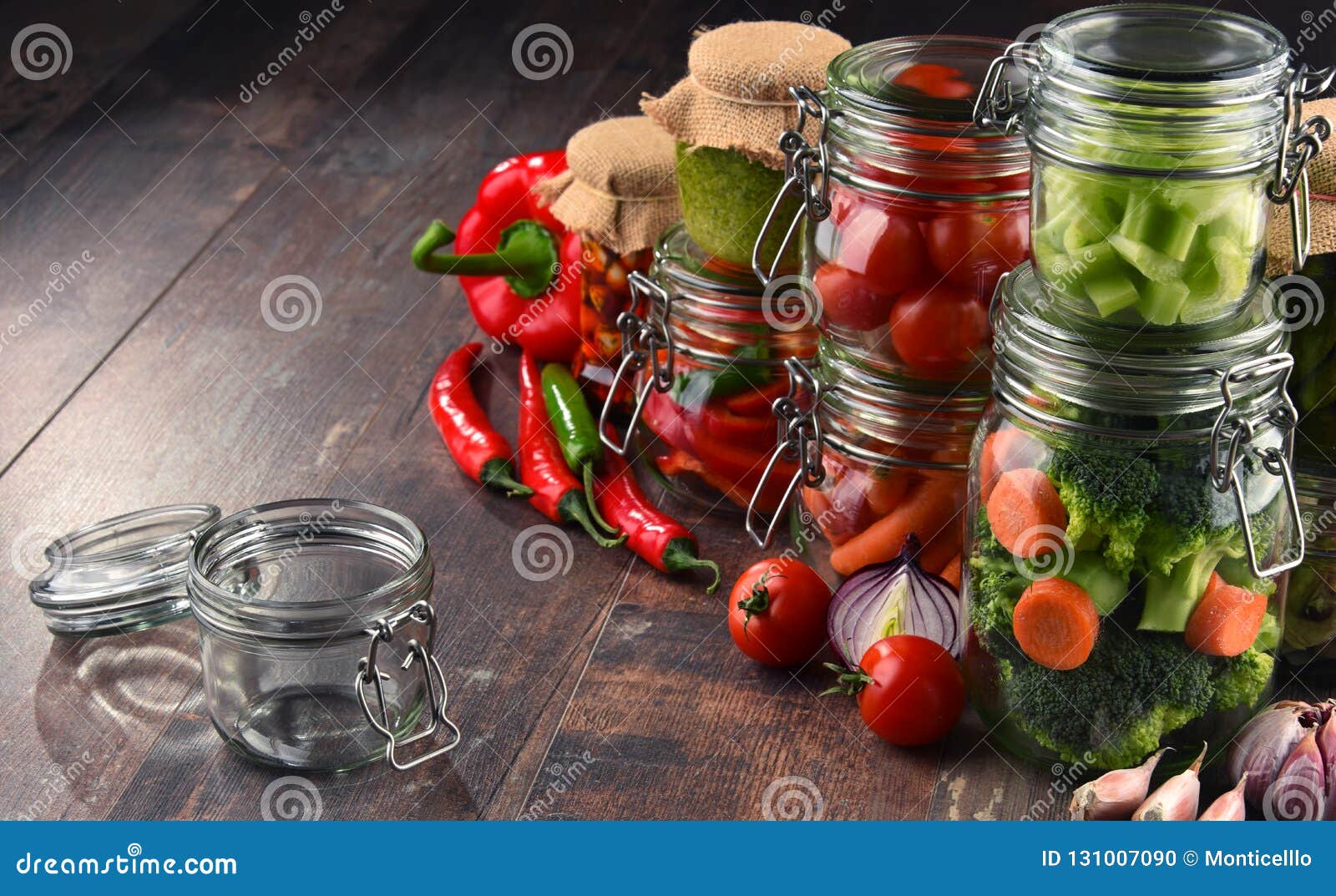 Jars with Marinated Food and Organic Raw Vegetables Stock Photo - Image ...