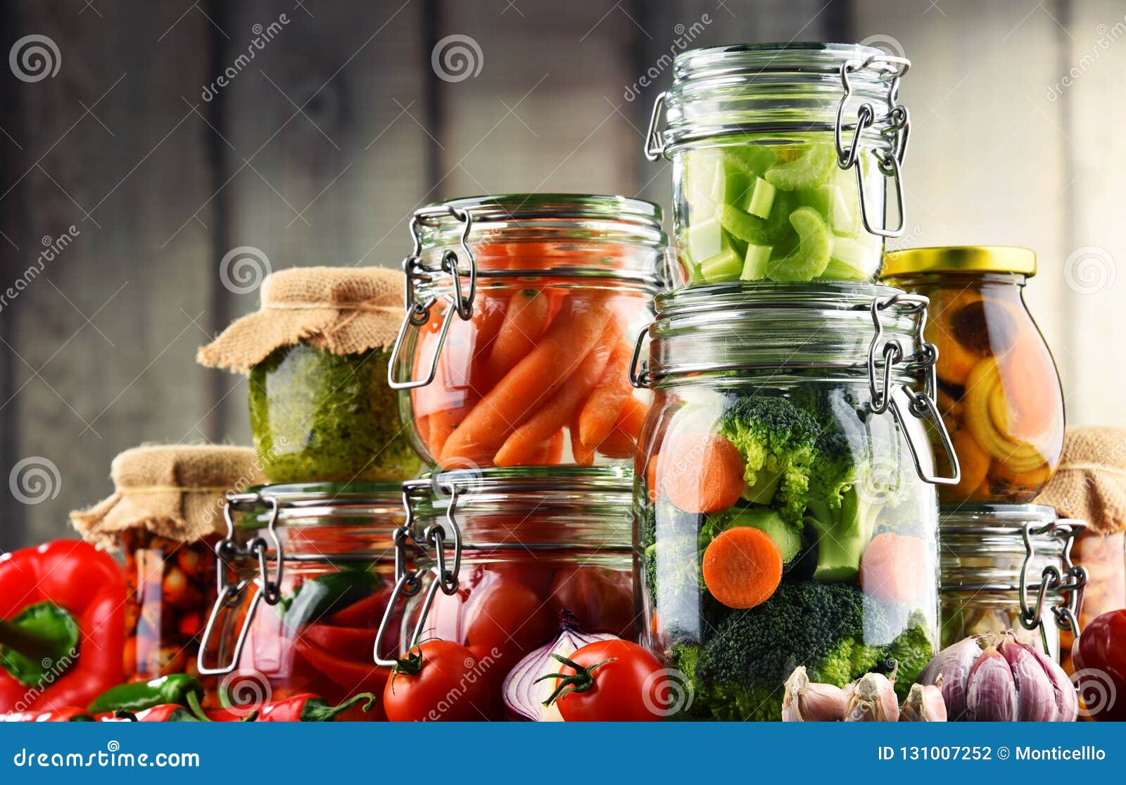 Jars with Marinated Food and Organic Raw Vegetables Stock Photo - Image ...