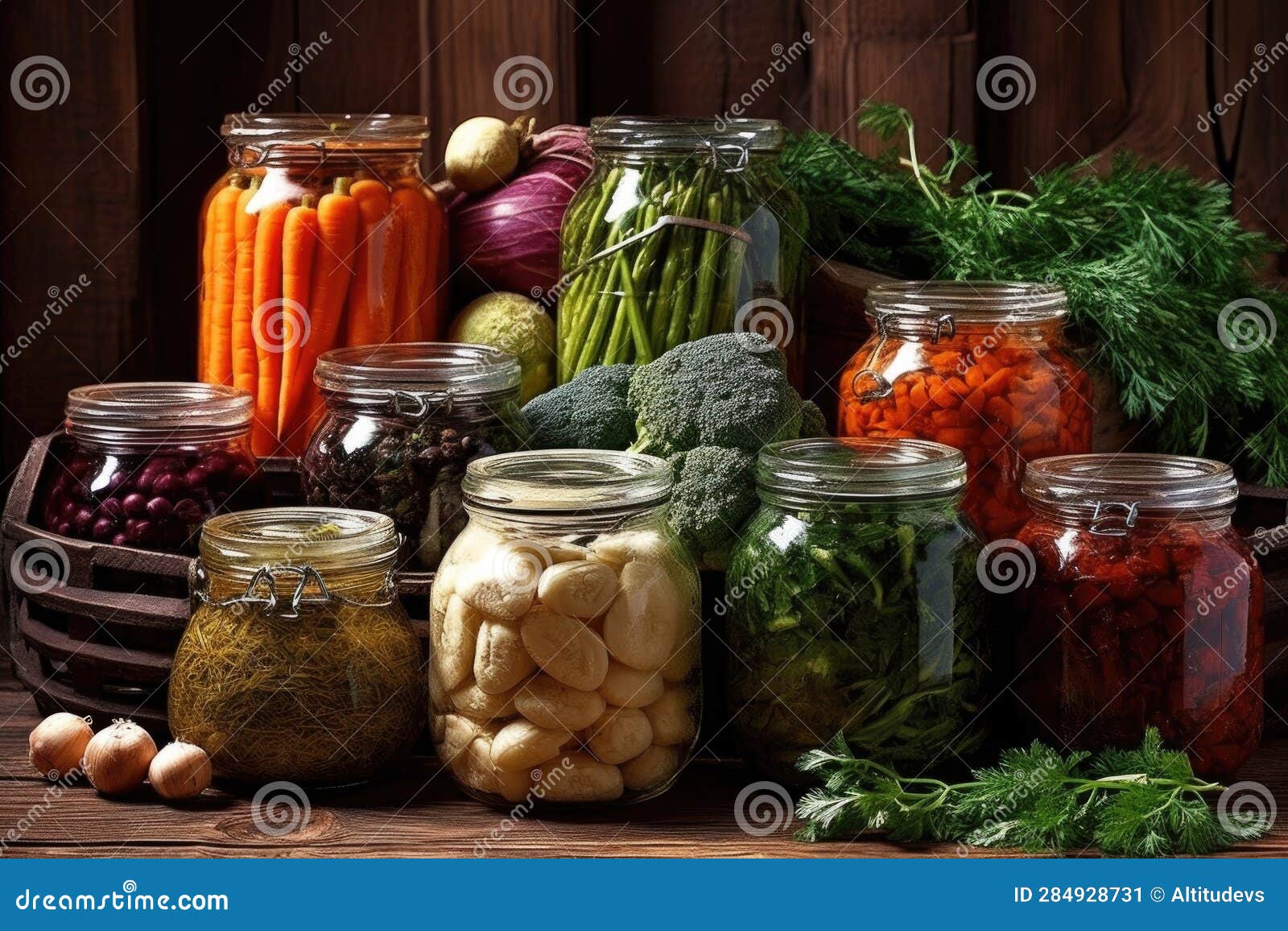 Jars of Preserved Vegetables with Rustic Background Stock Illustration ...