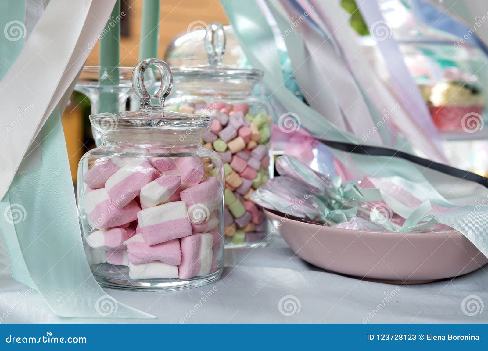 Jars of Sweets on the Table, Green and Pink Ribbons, Jellies, Ca Stock ...