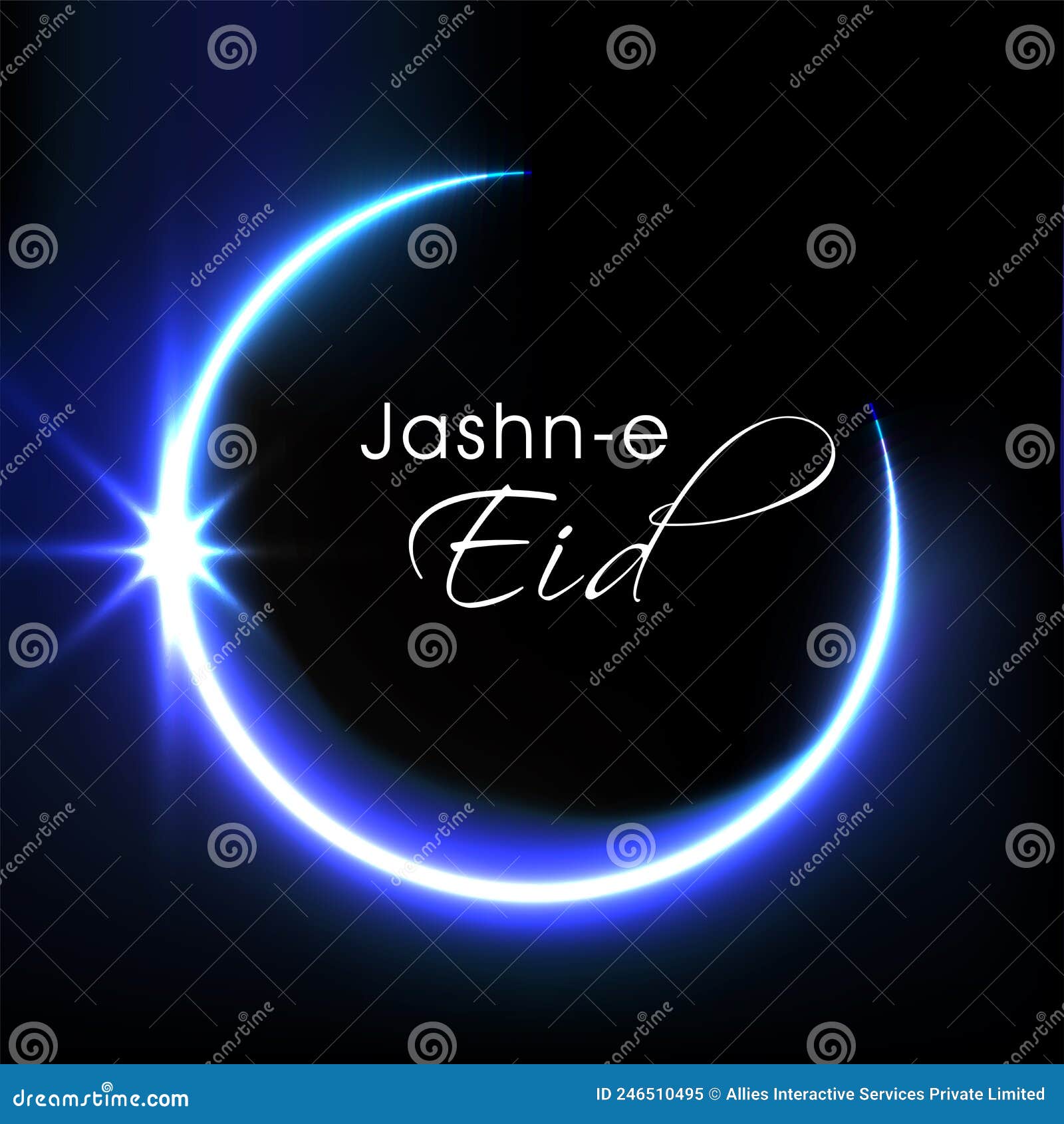 Jashn-E-Eid Lettering With Blue Glowing Crescent Moon On Black Royalty ...