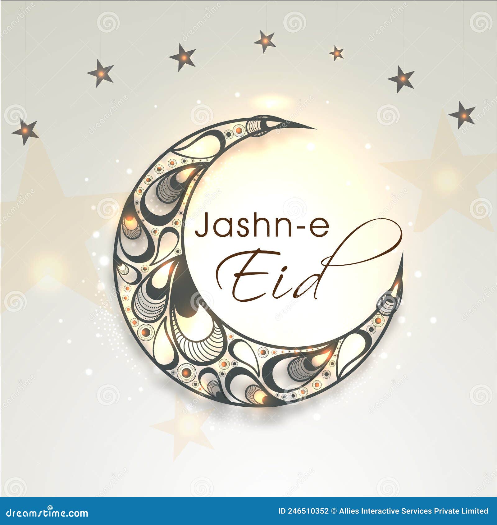 Jashn-E-Eid Lettering with Crescent Moon in Arc Drops, Stars Hang on ...