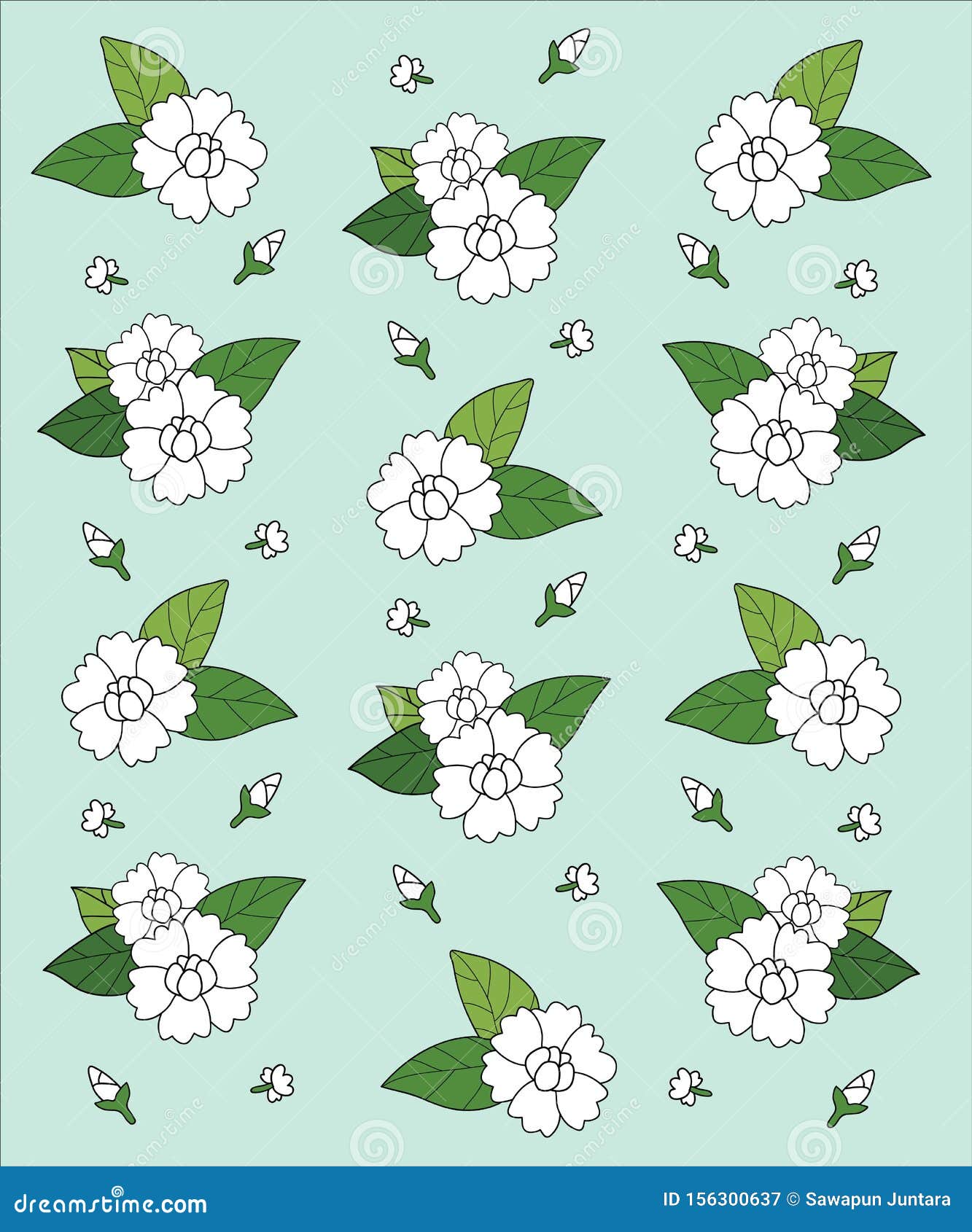 White Jasmine Surrounded by Leaves in Pattern Style Stock Vector ...