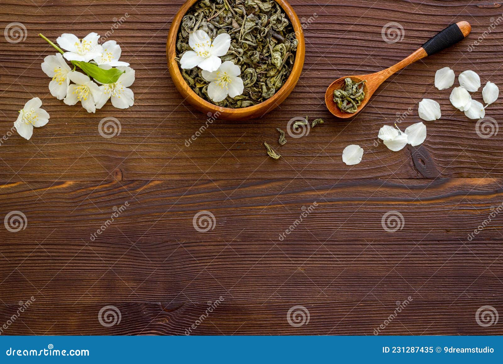 Jasmine Hearbal Tea in Bowl with Flowers. Overhead View Stock Image ...