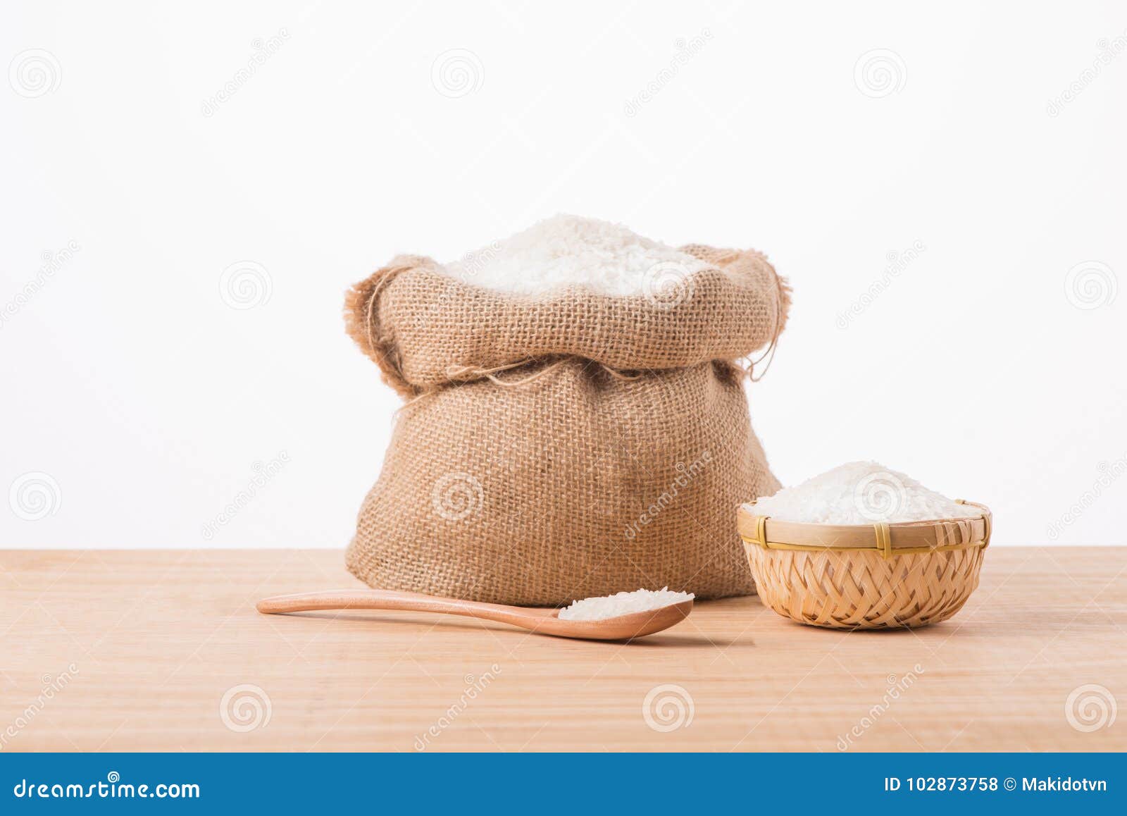 Jasmine White Rice in Sack on White Background Stock Photo - Image of ...