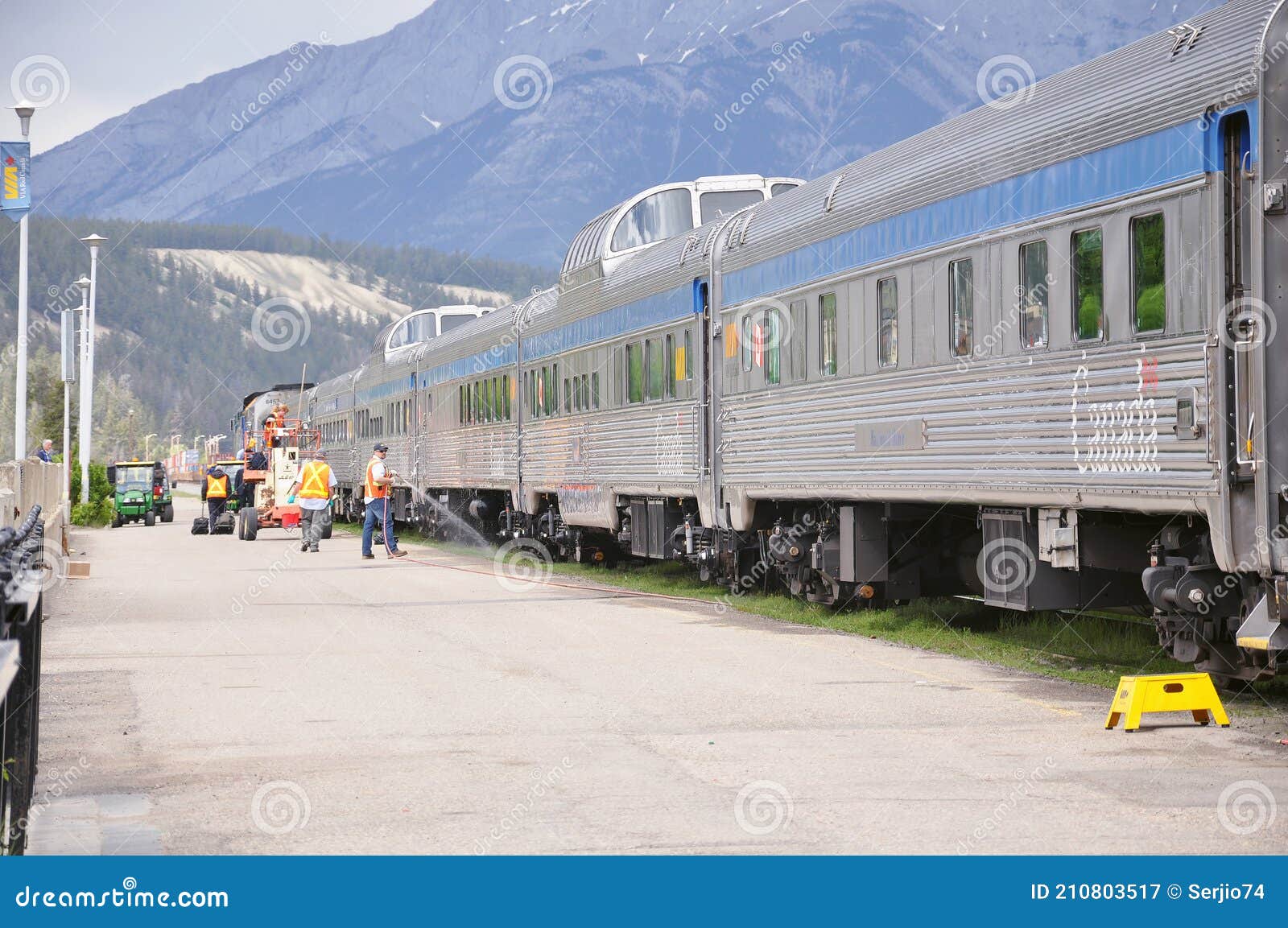 Passenger Train from Vancouver Stands at Jasper Station Platform after ...