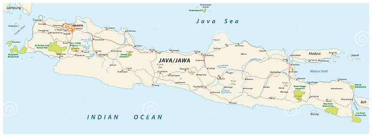 Java Road and National Park Map, Indonesia Stock Illustration ...