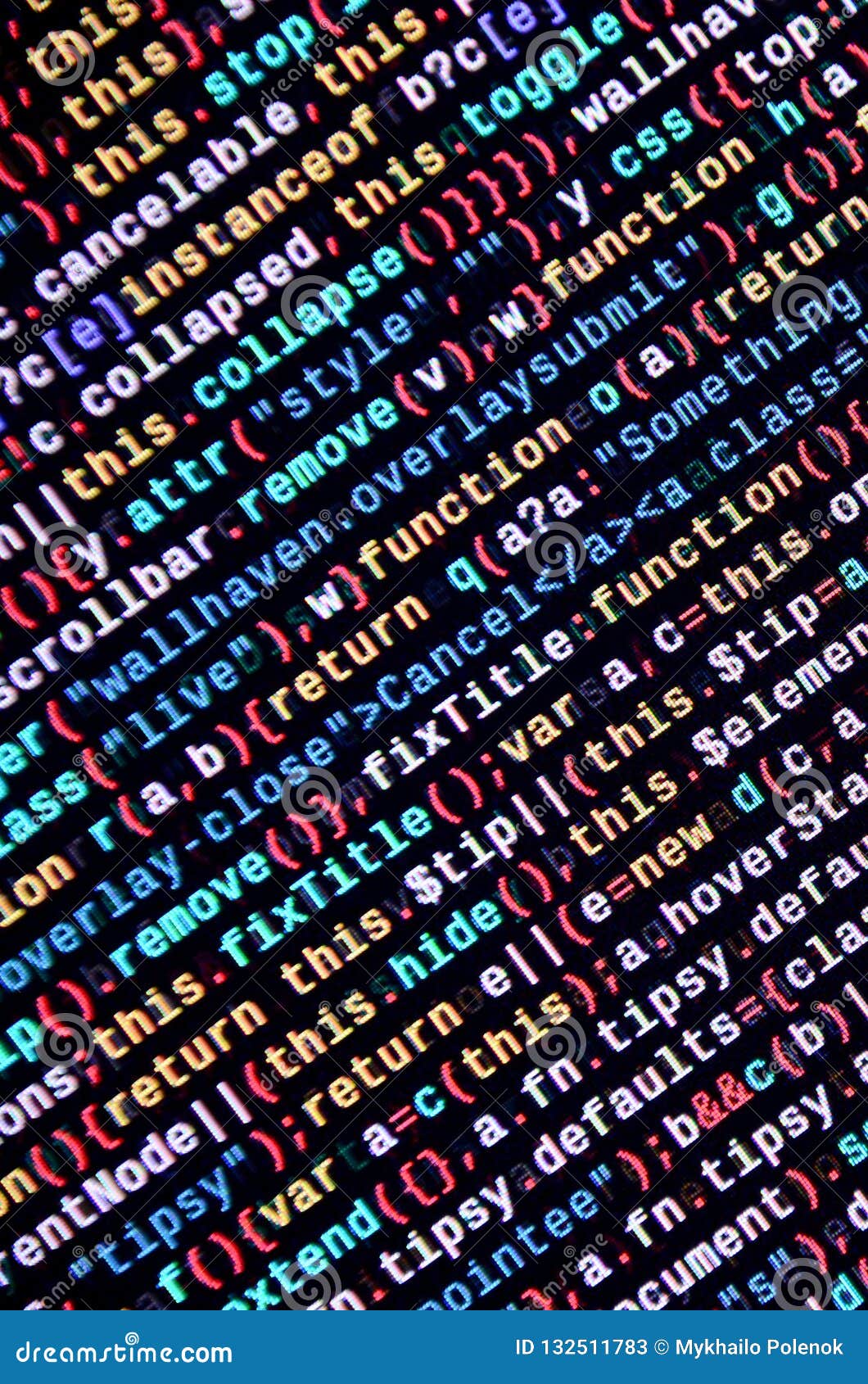 JavaScript Code in Text Editor. Coding Cyberspace Concept. Screen of Web Developing Code Stock ...